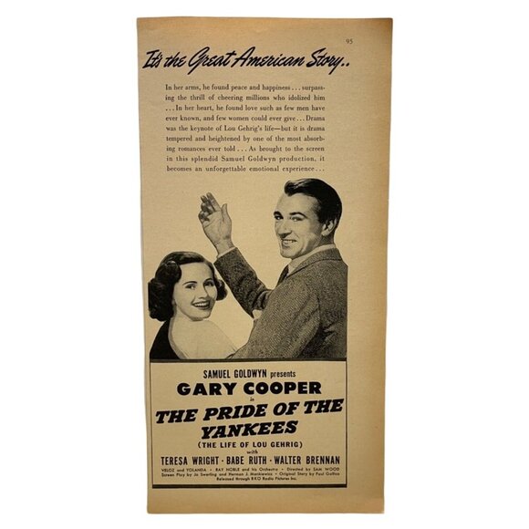 Art | Gary Cooper Movie Vintage Print Ad 1942 The Pride Of The Yankees ...